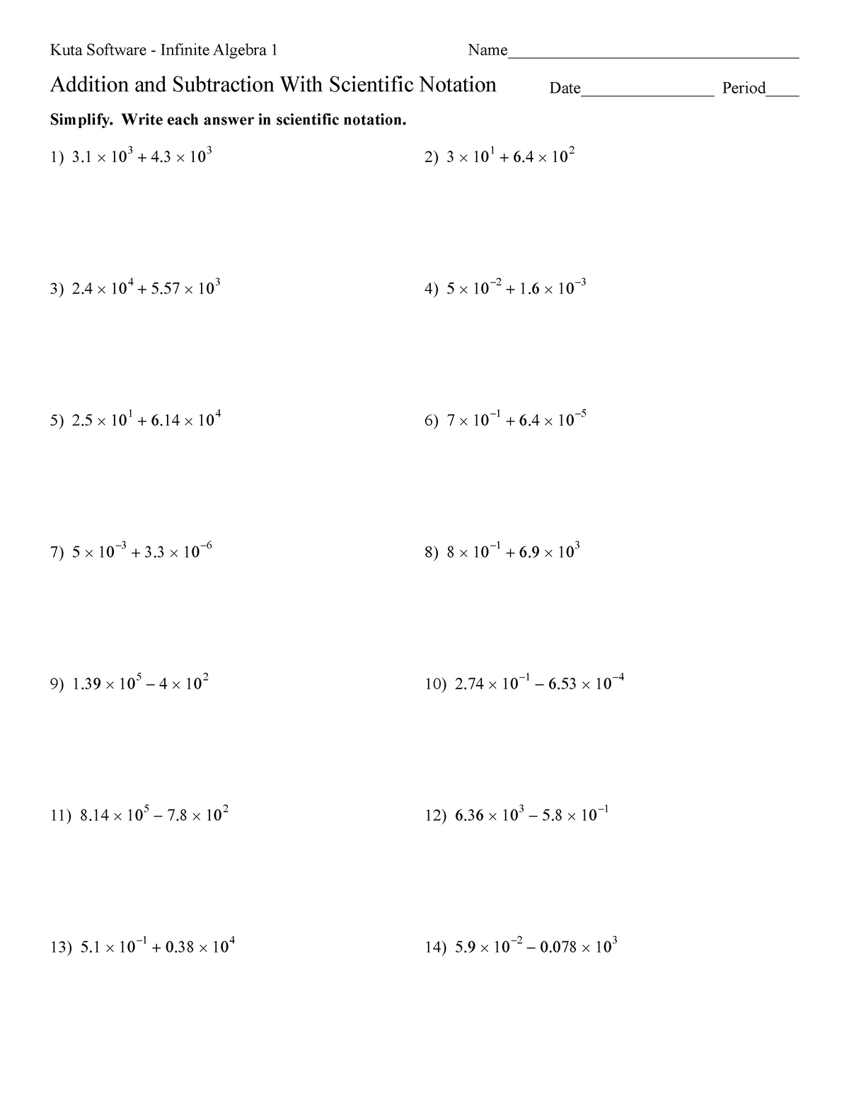 Addition And Subtraction Scientific Notation ©m Z 2 D 0 2 K 2 Worksheets Library