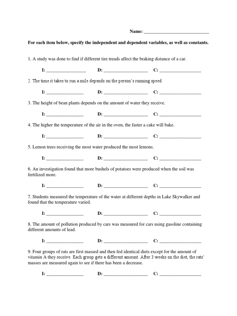 Identifying Independent and Dependent Variables in Science Worksheet ...