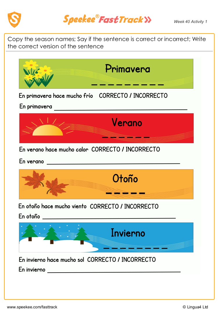 Spanish Printable: Seasons practice - Worksheets Library