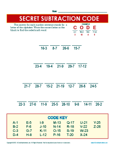 Secret Code for Subtraction | Kindergarten, 1st Grade Math Worksheets ...