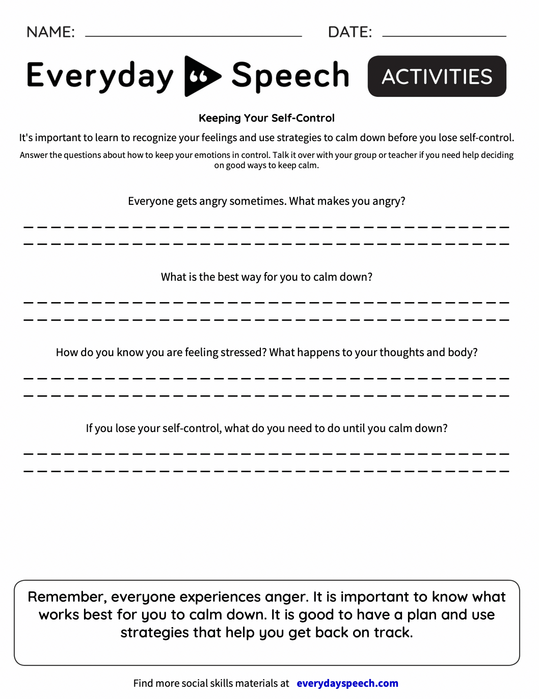 Empowered By THEM: Self-Control - Worksheets Library