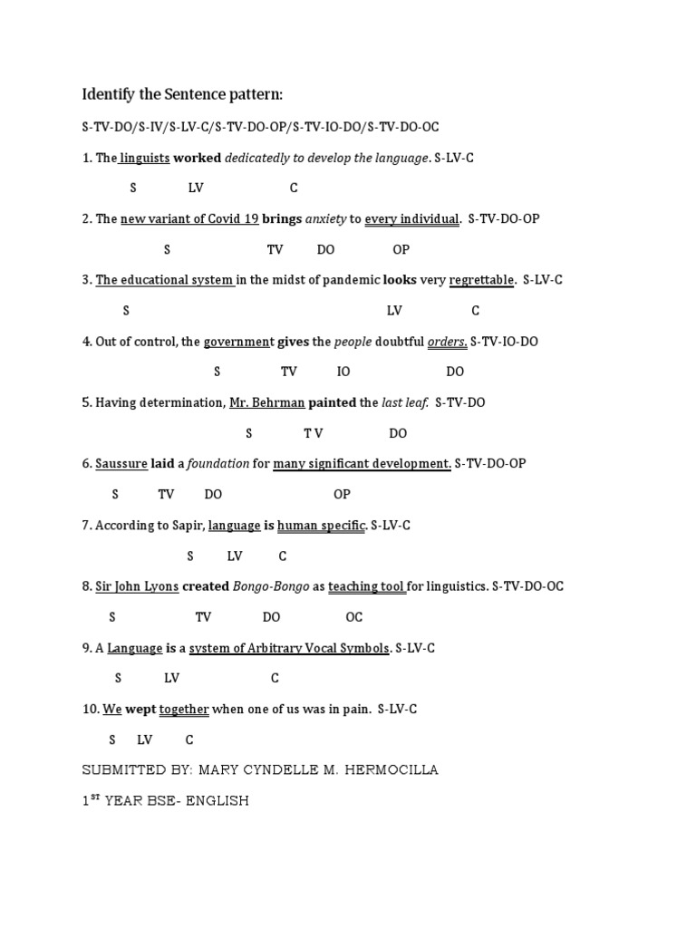 Identify The Sentence Pattern S Tv Io Do Pdf Worksheets Library