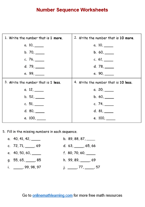 Number Sequence Worksheets (First Grade, printable, answers) - Worksheets Library