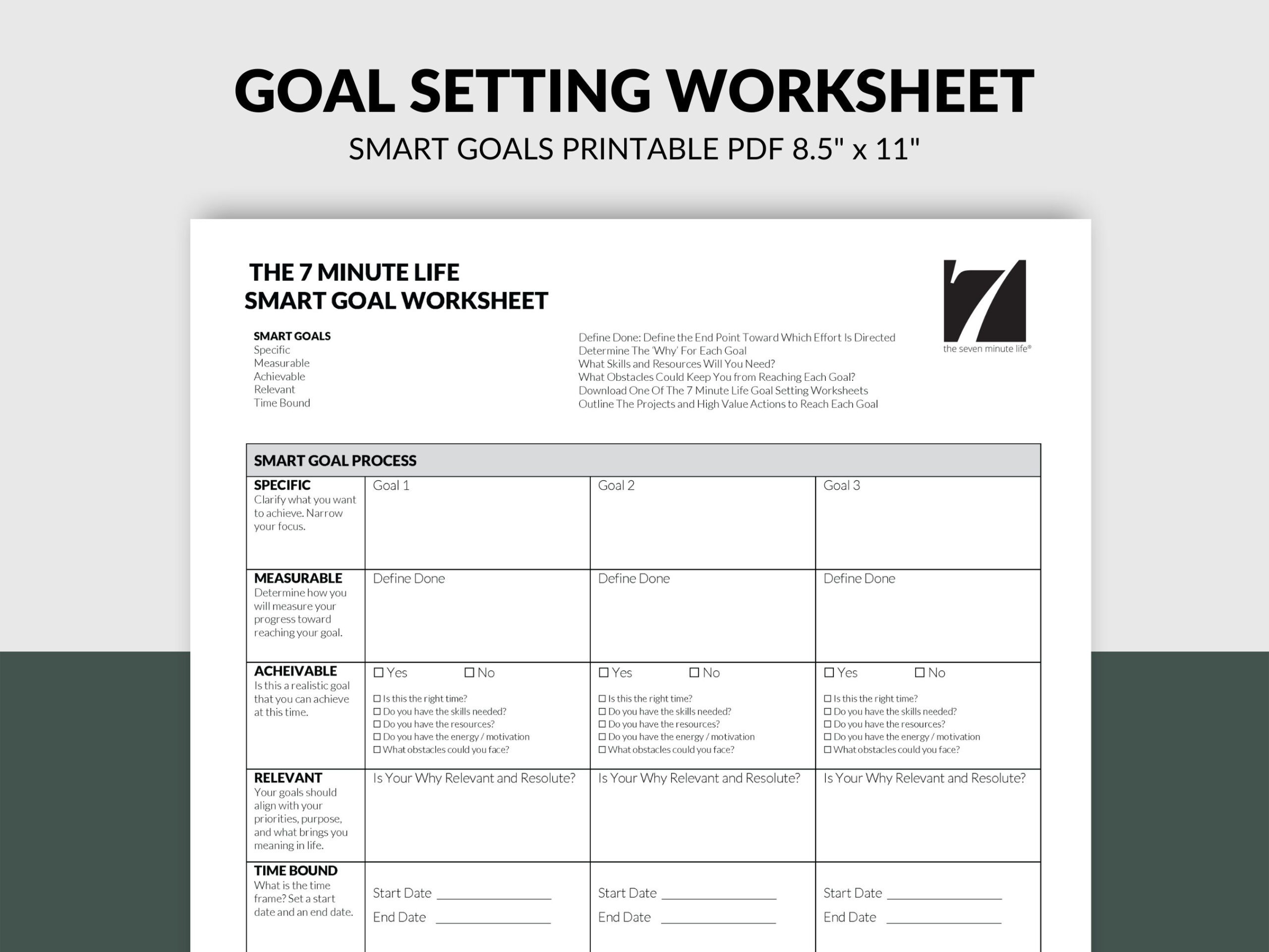 Printable Goal Setting Worksheet - The 7 Minute Life - Worksheets Library