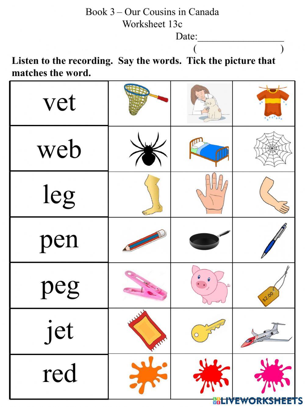 English for Kids Step by Step: CVC Words Worksheets: Short E Sound ...