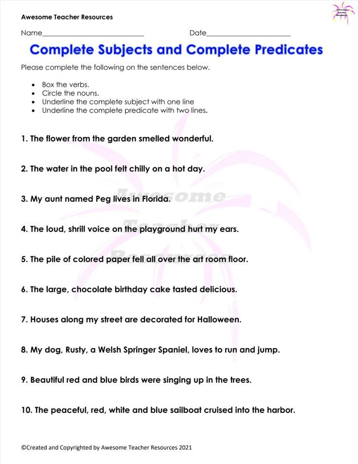 Complete Subjects And Complete Predicates Worksheet 1 Worksheets Library