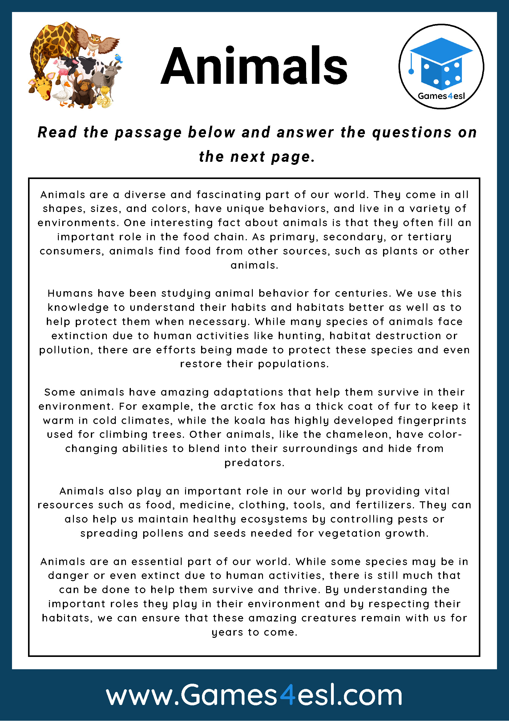 Animals - Reading Comprehension Worksheet | Games4esl - Worksheets Library