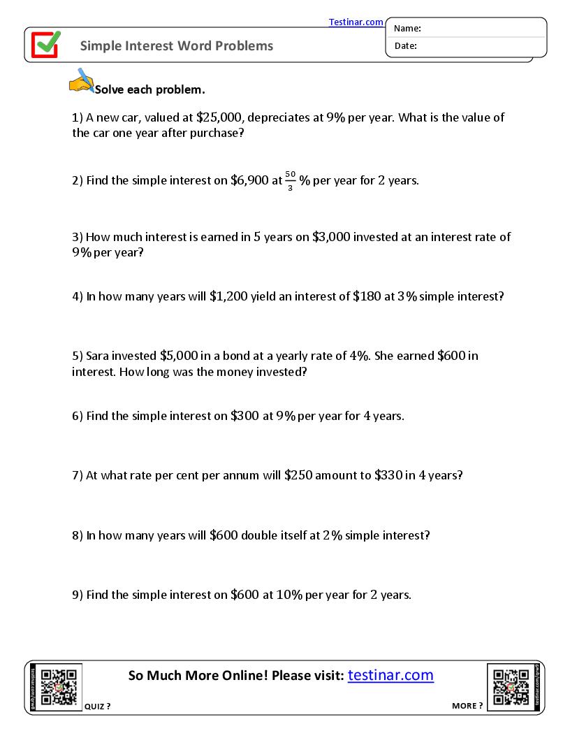 Interest Word Problems (video lessons, examples and solutions) - Worksheets Library