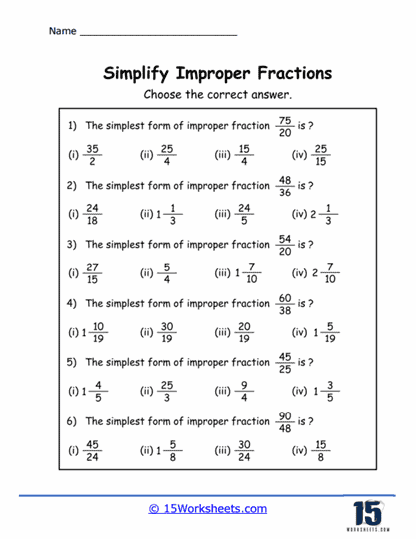 Simplifying Improper Fractions Worksheets 15 Worksheets Library