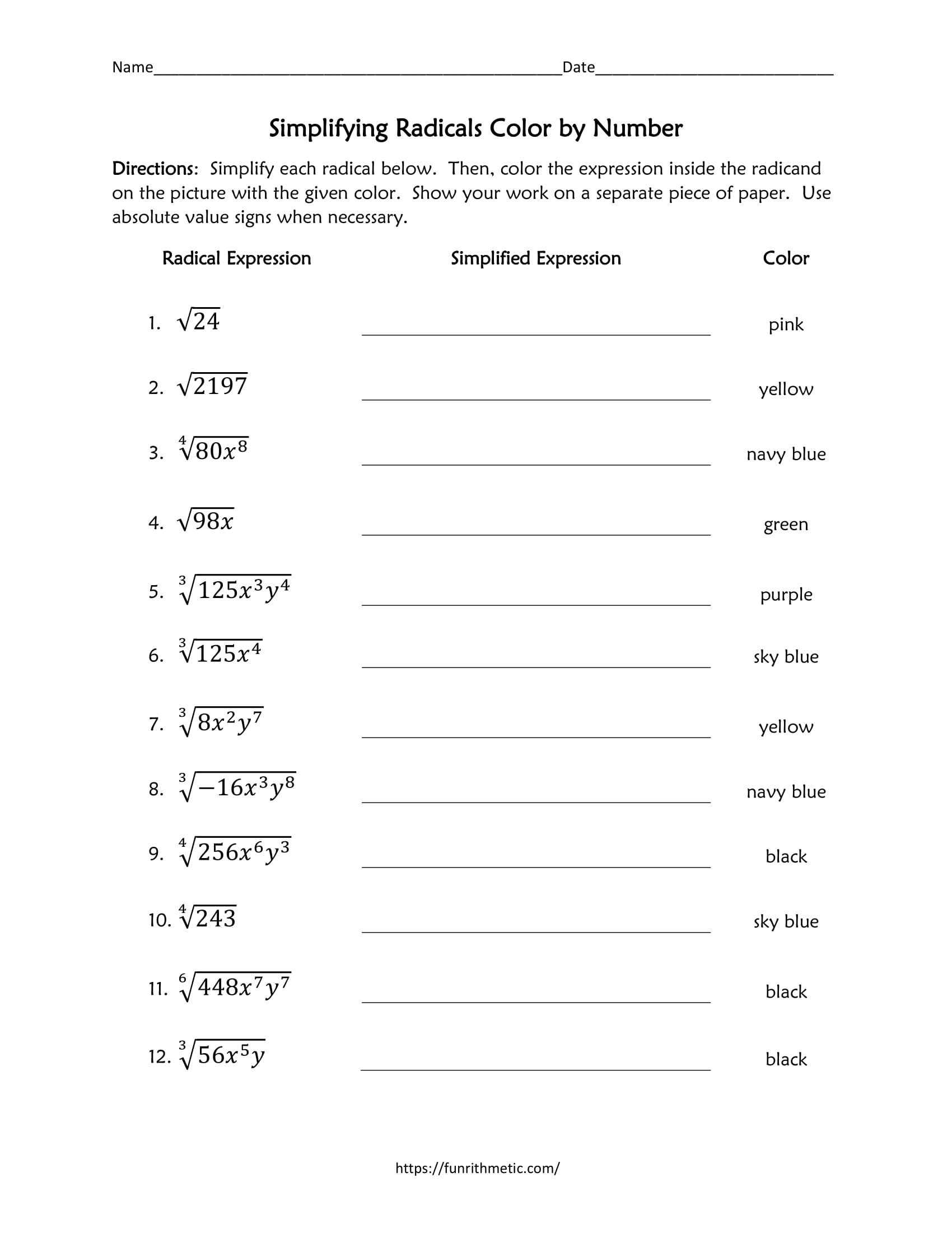 Simplifying Radicals (Algebra II) Color by Number - Worksheets Library