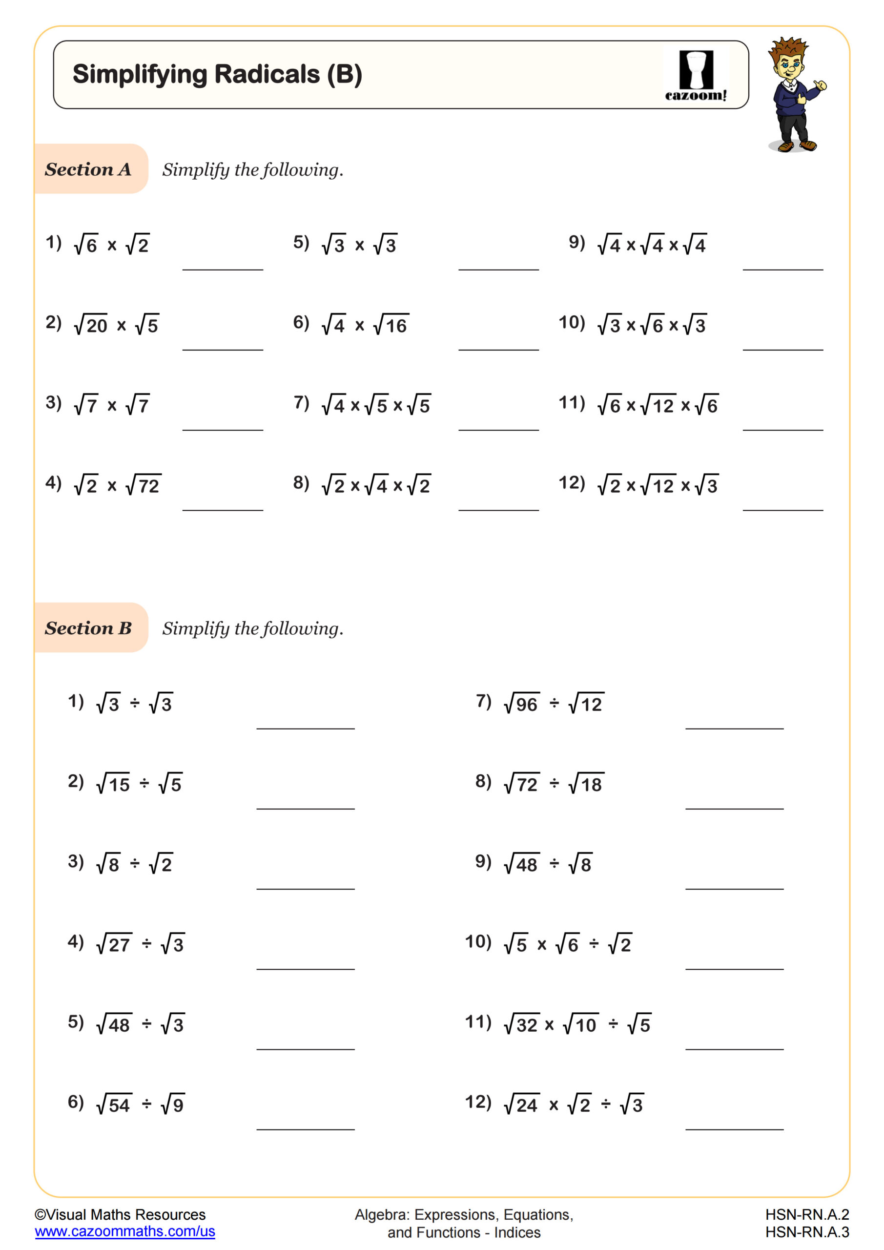 Simplifying Radicals (B) Worksheet | Fun and Engaging Algebra I ...