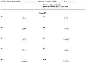 Easy Worksheet: Simplifying Radicals Worksheet for 9th - 12th ...