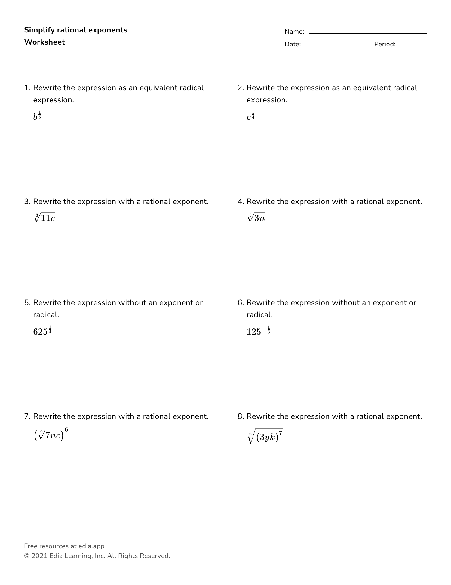 Free simplifying expressions with rational exponents worksheet ...