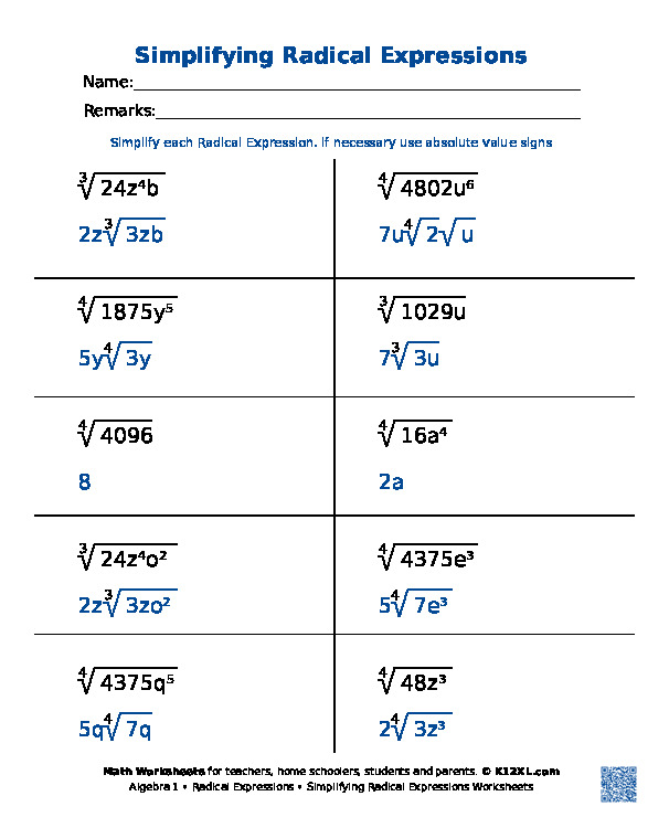 Free Algebra 1 Radical Expressions worksheets for homeschoolers ...