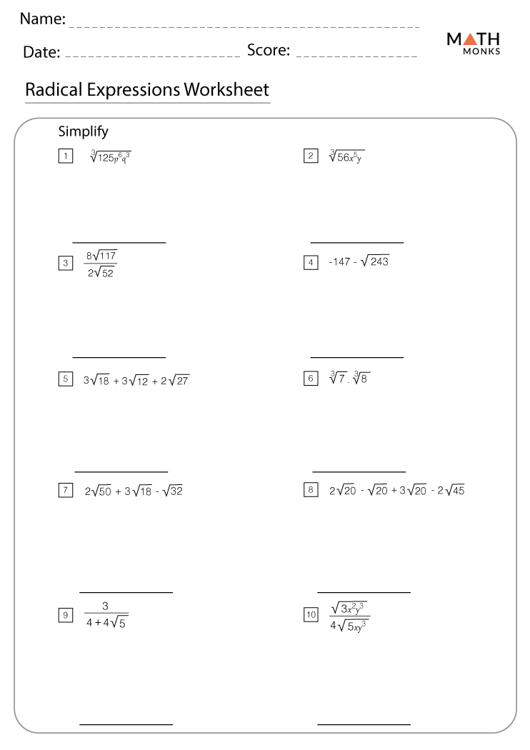Simplifying Radicals Worksheets - Math Monks - Worksheets Library
