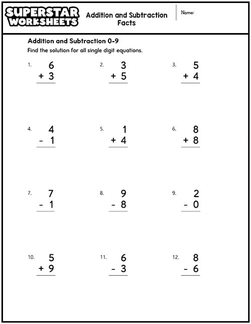 Free Single Digit Addition And Subtraction Worksheet Without Regrouping