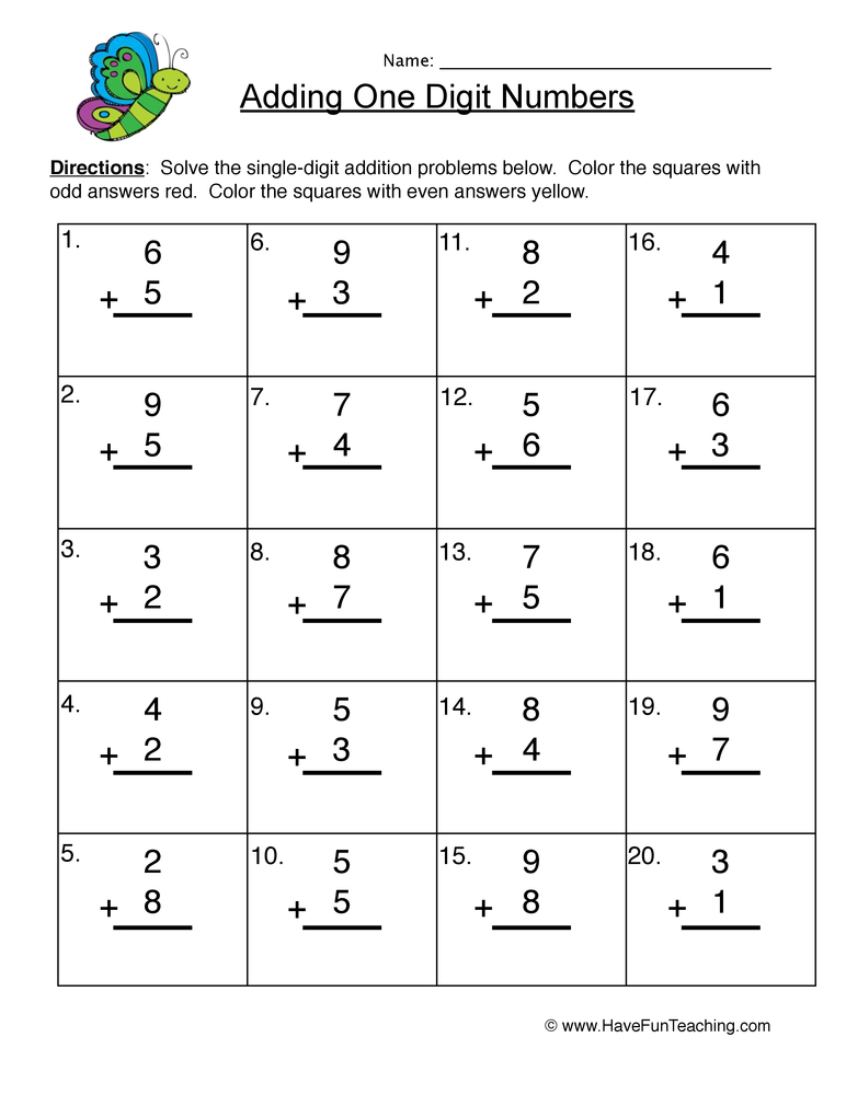 Grade 1 Addition Worksheet - Add 2 Single Digit Numbers - Worksheets ...