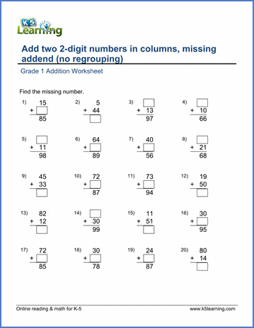 Grade 1 Math Worksheets - Adding two 2-digit numbers, missing ...