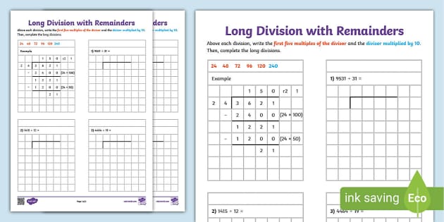 Long Division with Remainders (teacher made) - Twinkl - Worksheets Library