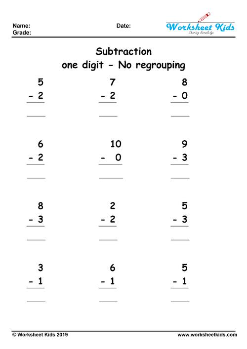 One Digit Subtraction No Regrouping Worksheets - Free Printable PDF ...