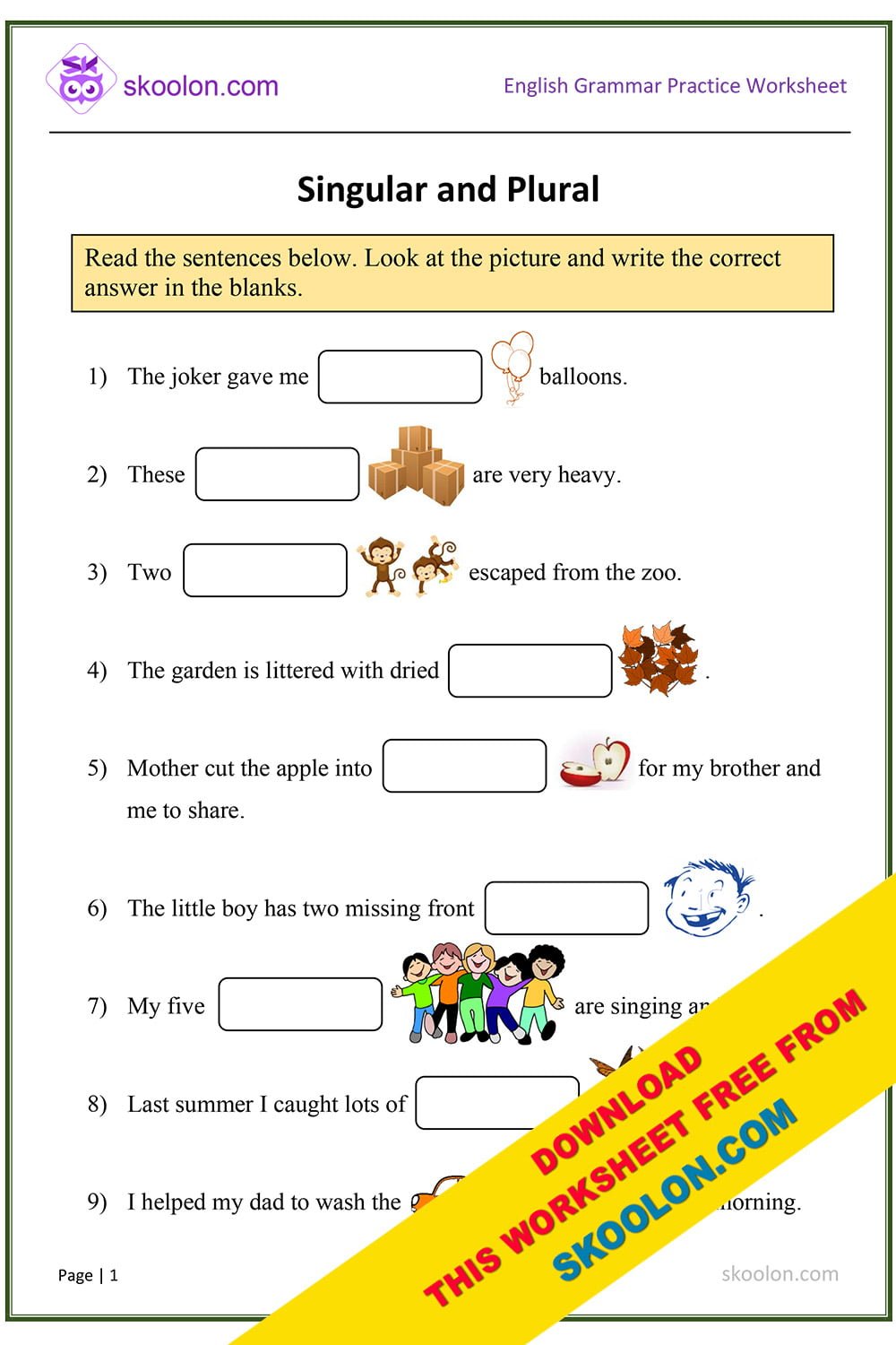 Singular and Plural - skoolon.com - Worksheets Library