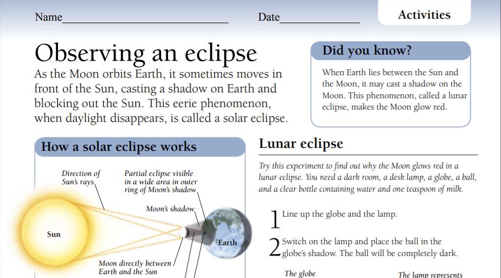 Activities: Observing an Eclipse Printable (Grades 3-6 ... - Worksheets ...
