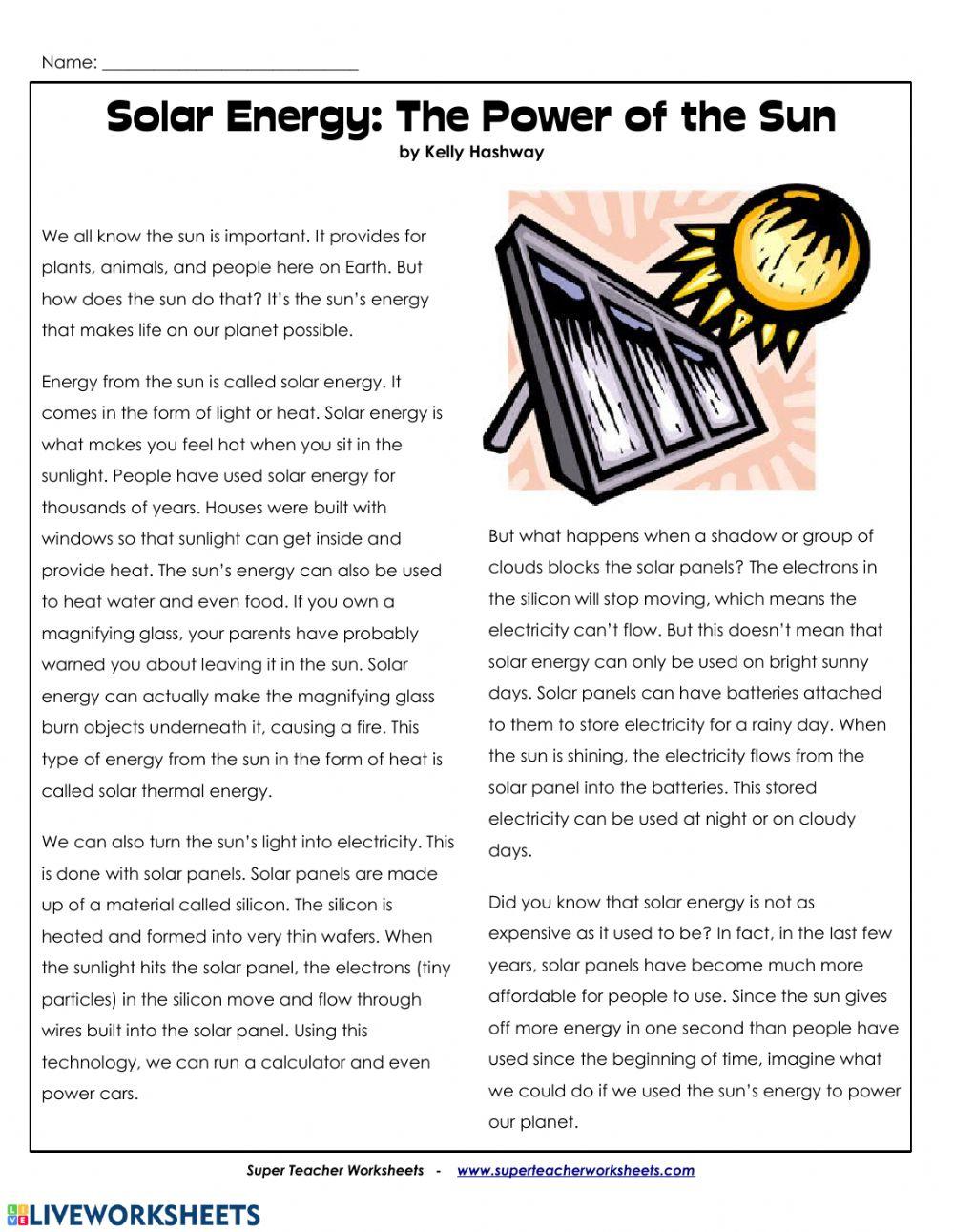Reading Comprehension: Solar Energy online exercise for | Live ... - Worksheets Library