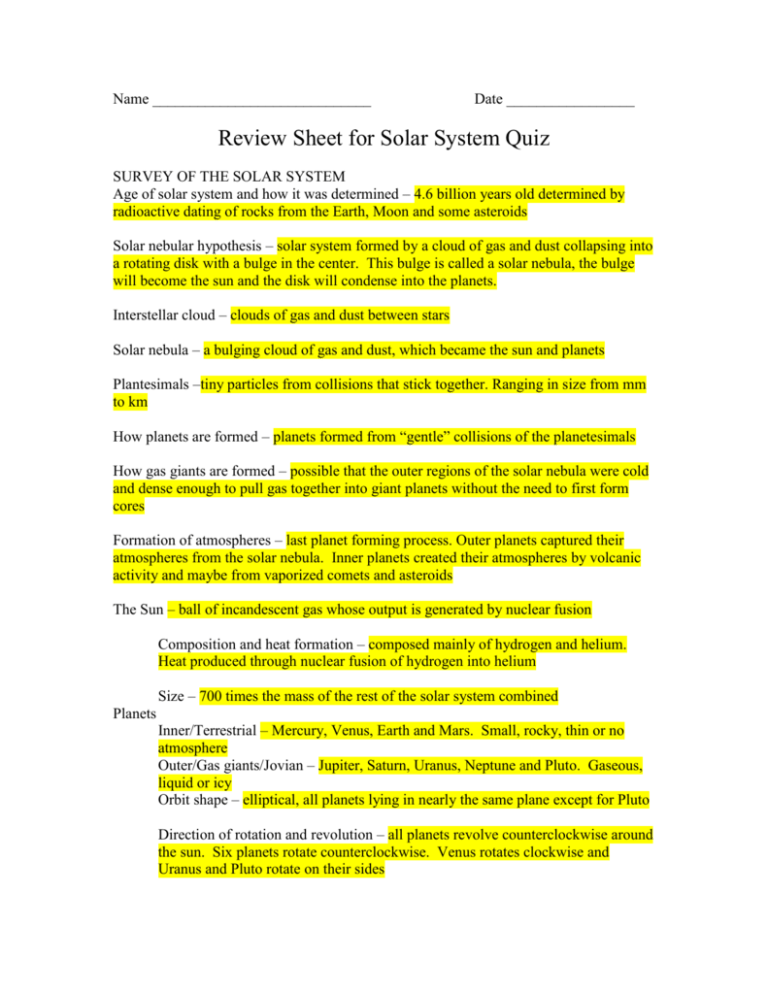 solar system review sheet with answers - Worksheets Library