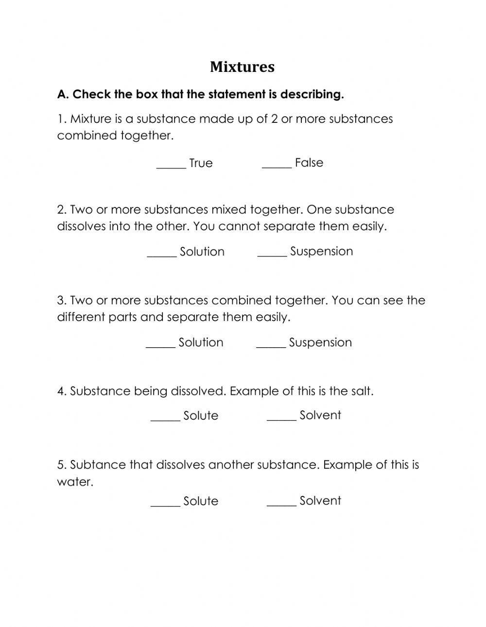 Mixtures Solution Or Suspension Worksheet Live Worksheets Mixtures Solution Or Suspension Worksheet Live Worksheets