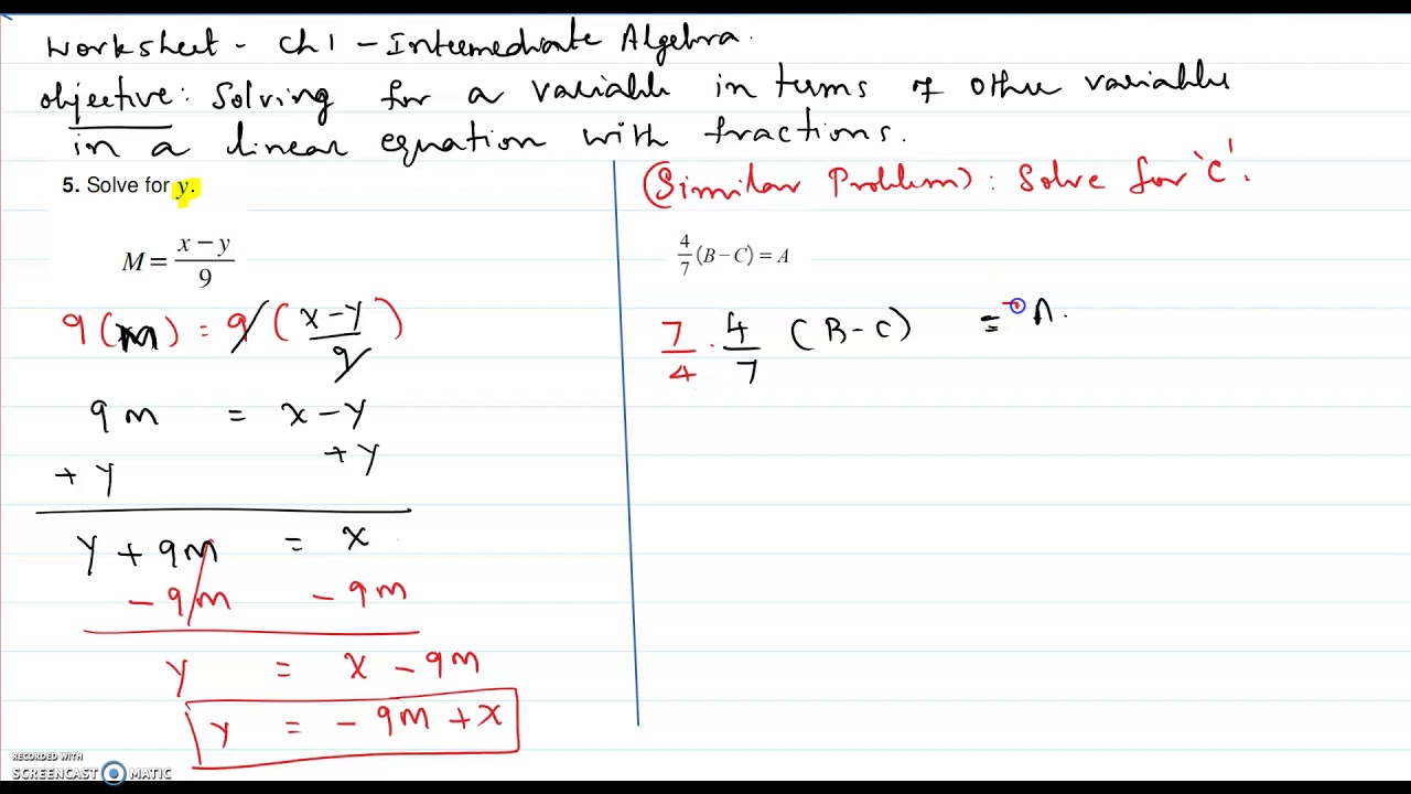 5. Solving for a variable in terms of other variables - Worksheet - Ch 1 - Intermediate Algebra ...