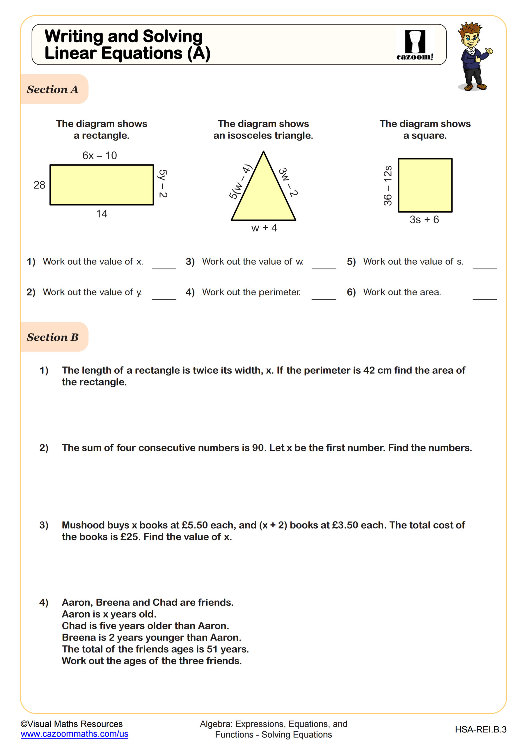 Writing and Solving Linear Equations (A) – Cazoom Math Worksheets ...
