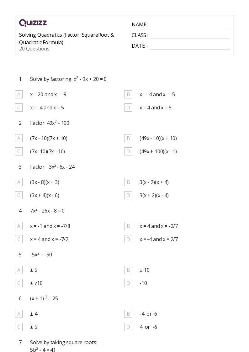 50 Quadratic Worksheets For 9th Class On Quizizz Free And Printable Worksheets Library