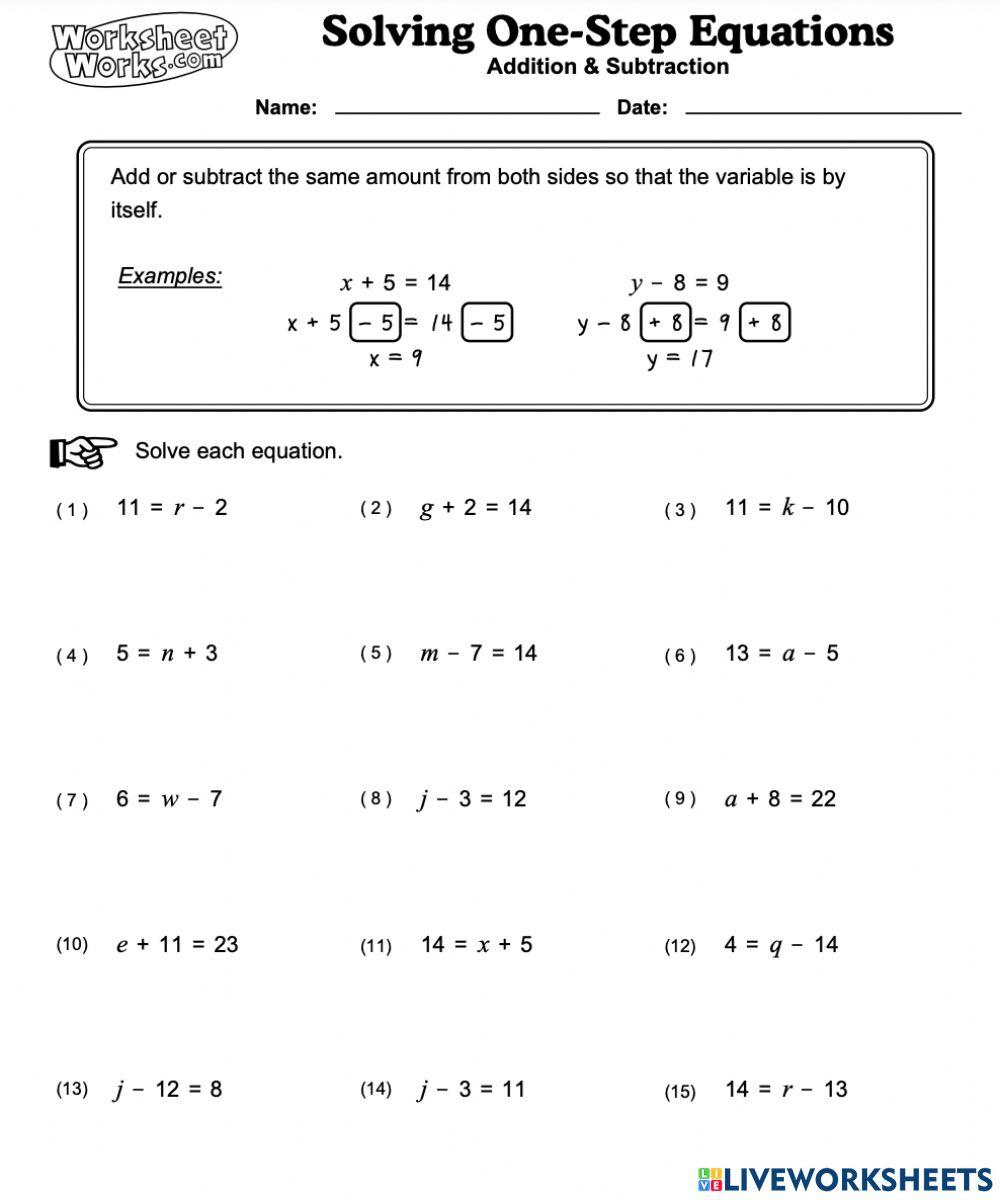 Solving 1 Step Equations Addition And Subtraction Worksheet
