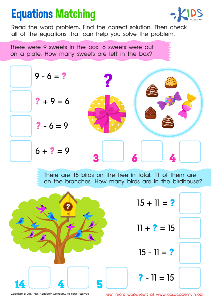 Equations Matching Word Problems Worksheet: Free Printable PDF for ...