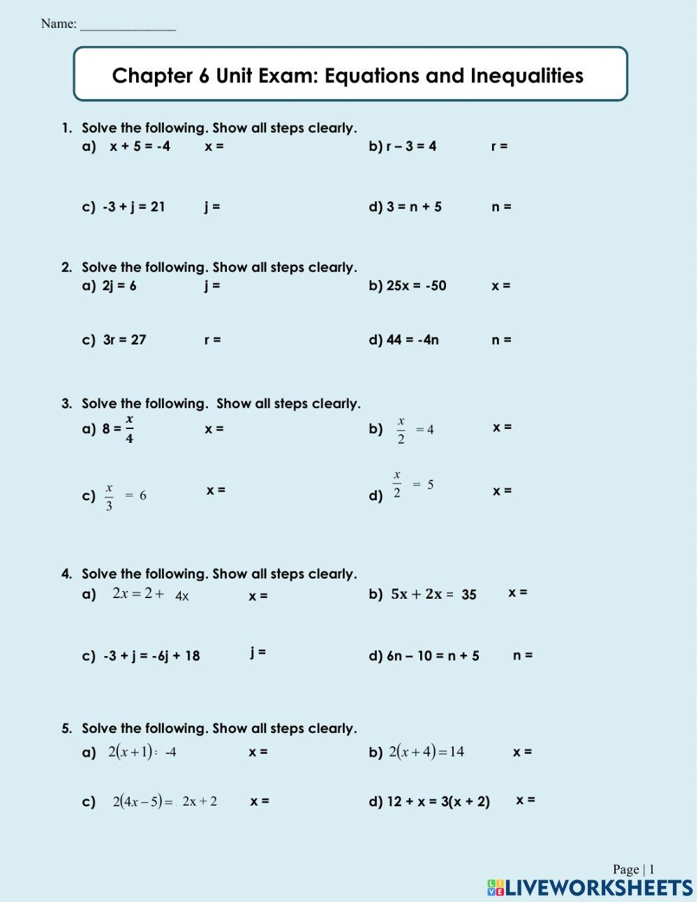 Algebra 2 Worksheets | Equations and Inequalities Worksheets ...