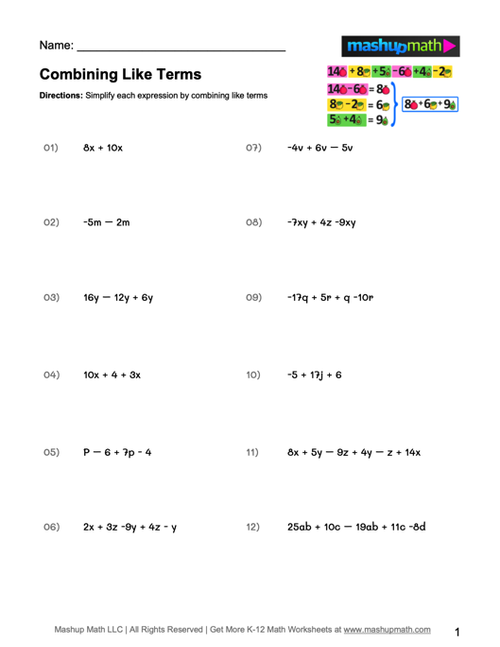 Combining Like Terms Explained—examples Worksheet Included
