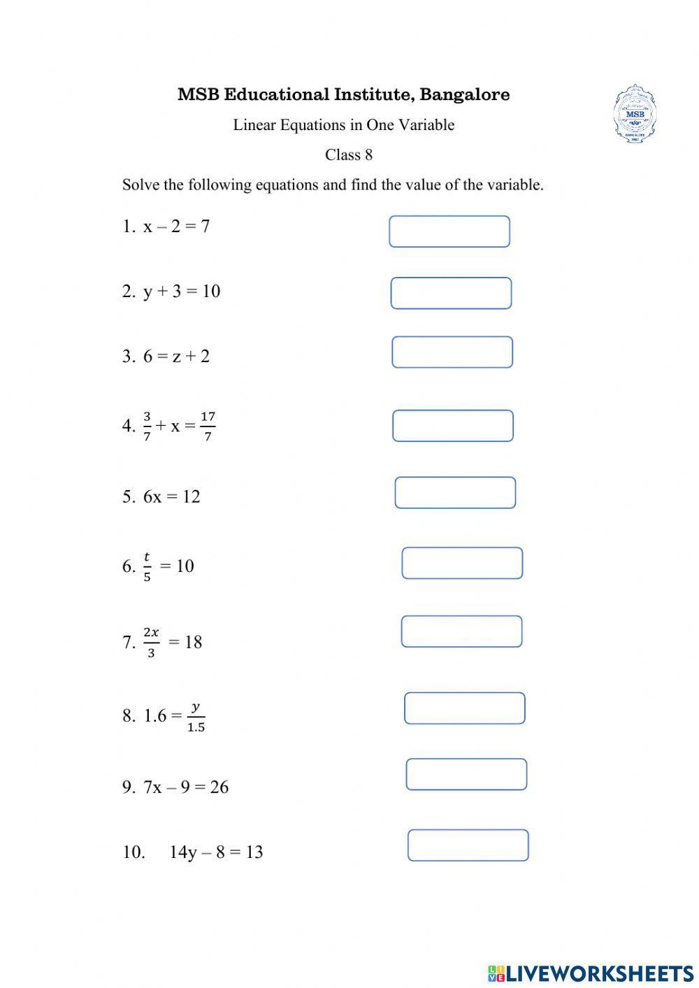 Linear Equations In One Variable Live Worksheets Worksheets Library