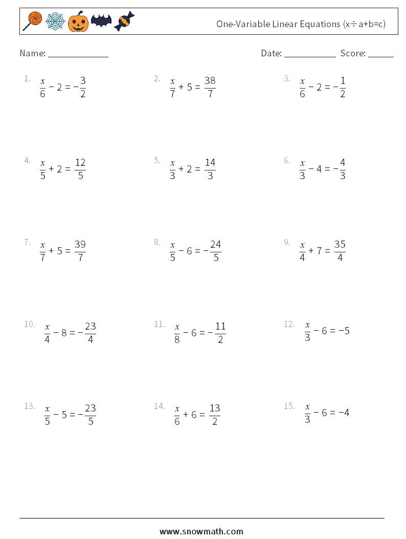 One Variable Linear Equations X÷abc Math Worksheets Math