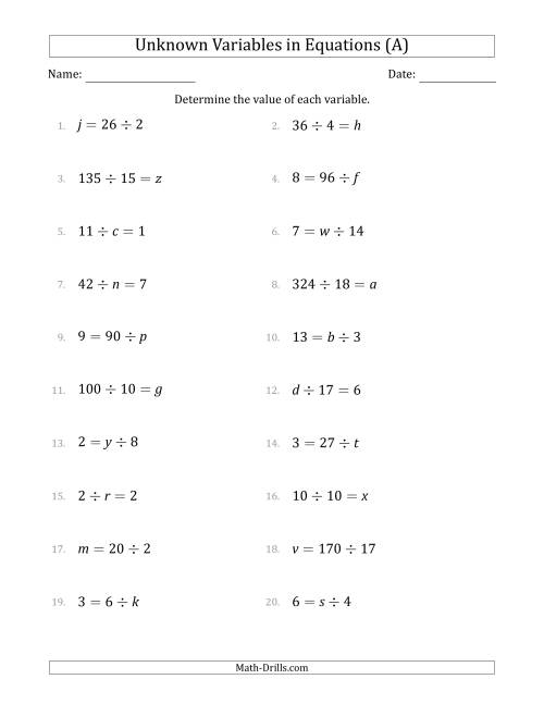 Unknown Variables In Equations Division Range 1 To 20 Any