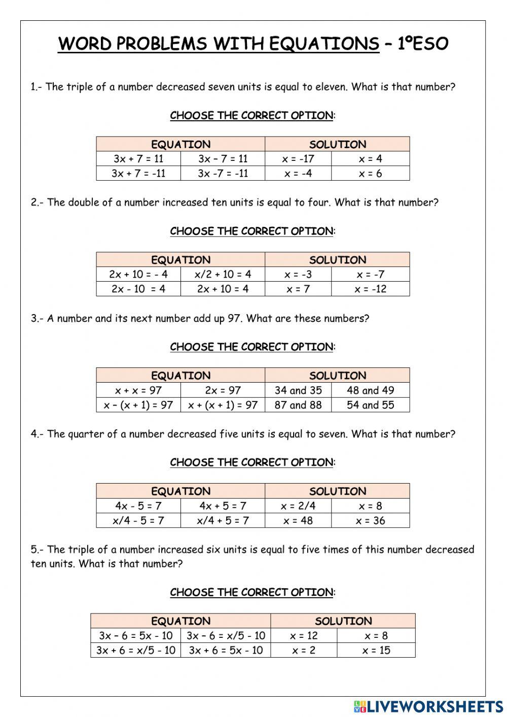 Word Problems With Equations worksheet | Live Worksheets - Worksheets ...