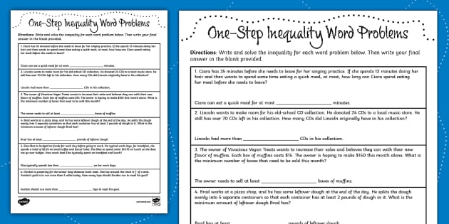 Seventh Grade One-Step Inequality Word Problems - Twinkl - Worksheets ...