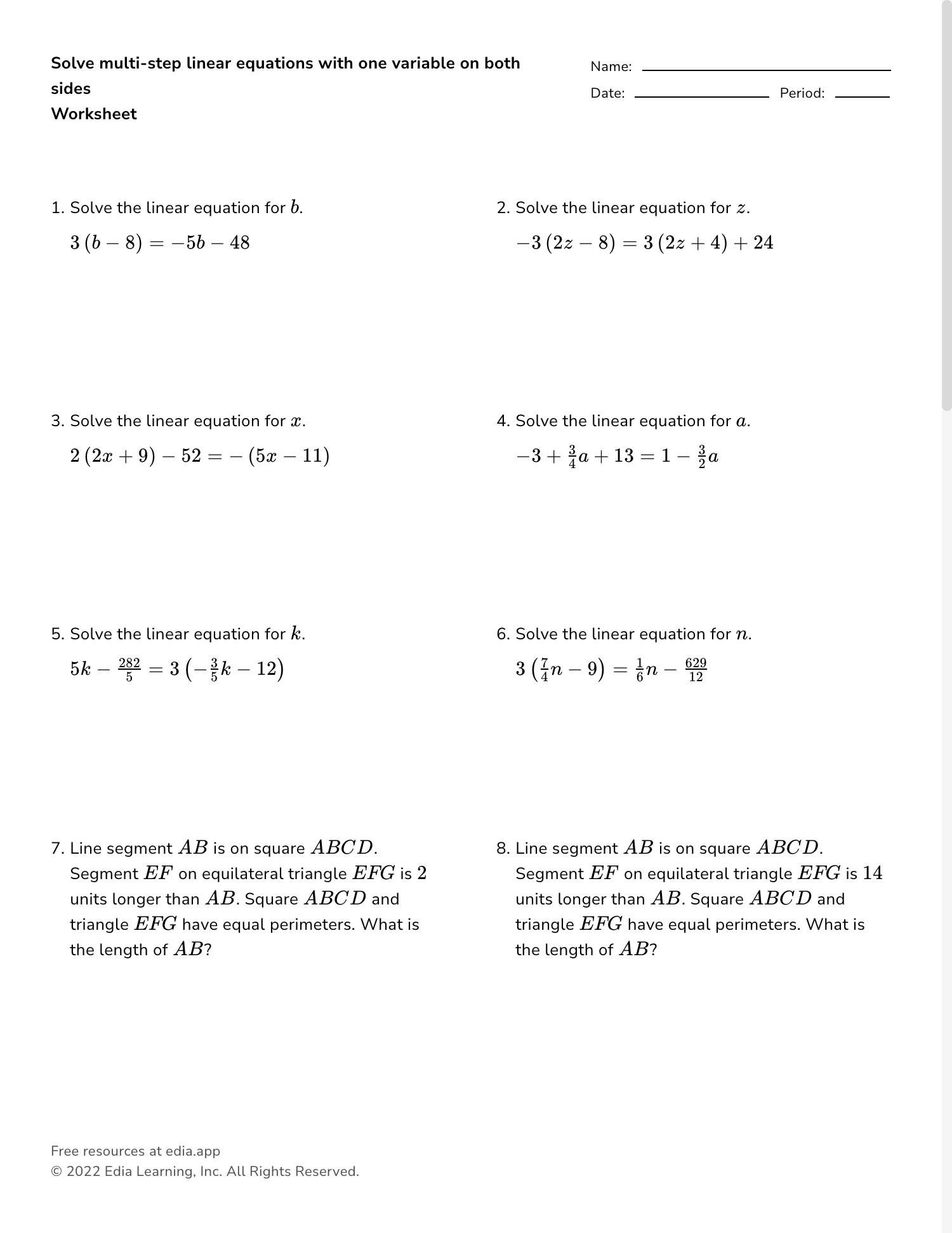 Free Solving Linear Equations With Variables On Both Sides Worksheet
