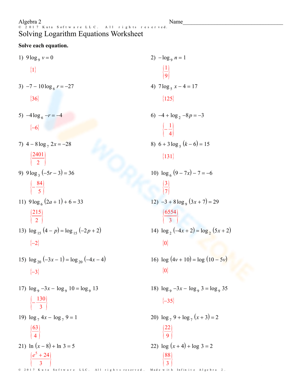 Free Printable Solving Logarithmic Equations Worksheets - Worksheets ...