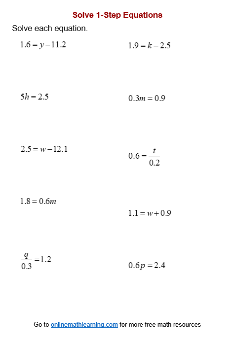 Free solving one step equations worksheet 6th grade, Download Free ...