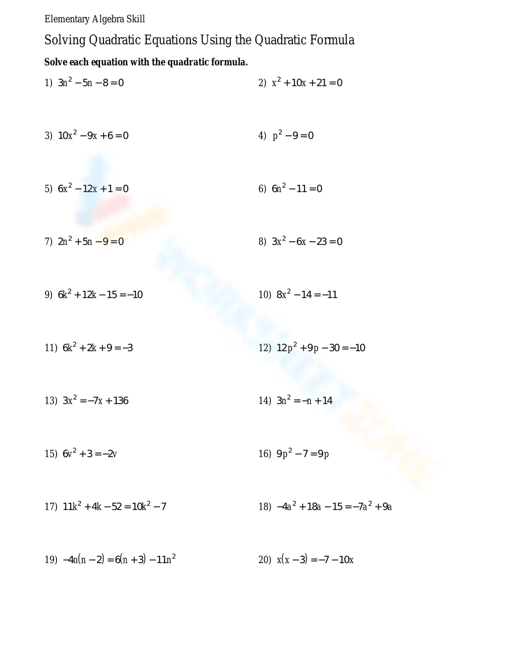 Solving Quadratic Equations Using The Quadratic Formula Worksheet