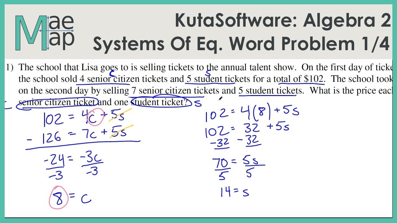 Kutasoftware Algebra 2 Systems Of Equations Word Problems Part 1