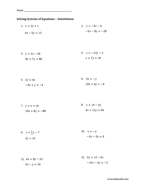 Systems Of Equations Riverside Math Worksheets Library