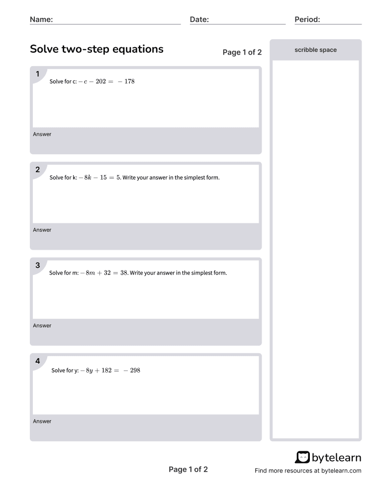 Solve Two-Step Equations Worksheets [PDF] (7.EE.B.3): 7th Grade Math - Worksheets Library