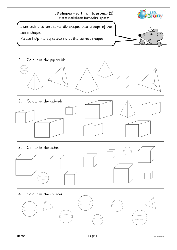 3D shape: sorting into groups (1) - Geometry (Shape) by URBrainy.com - Worksheets Library