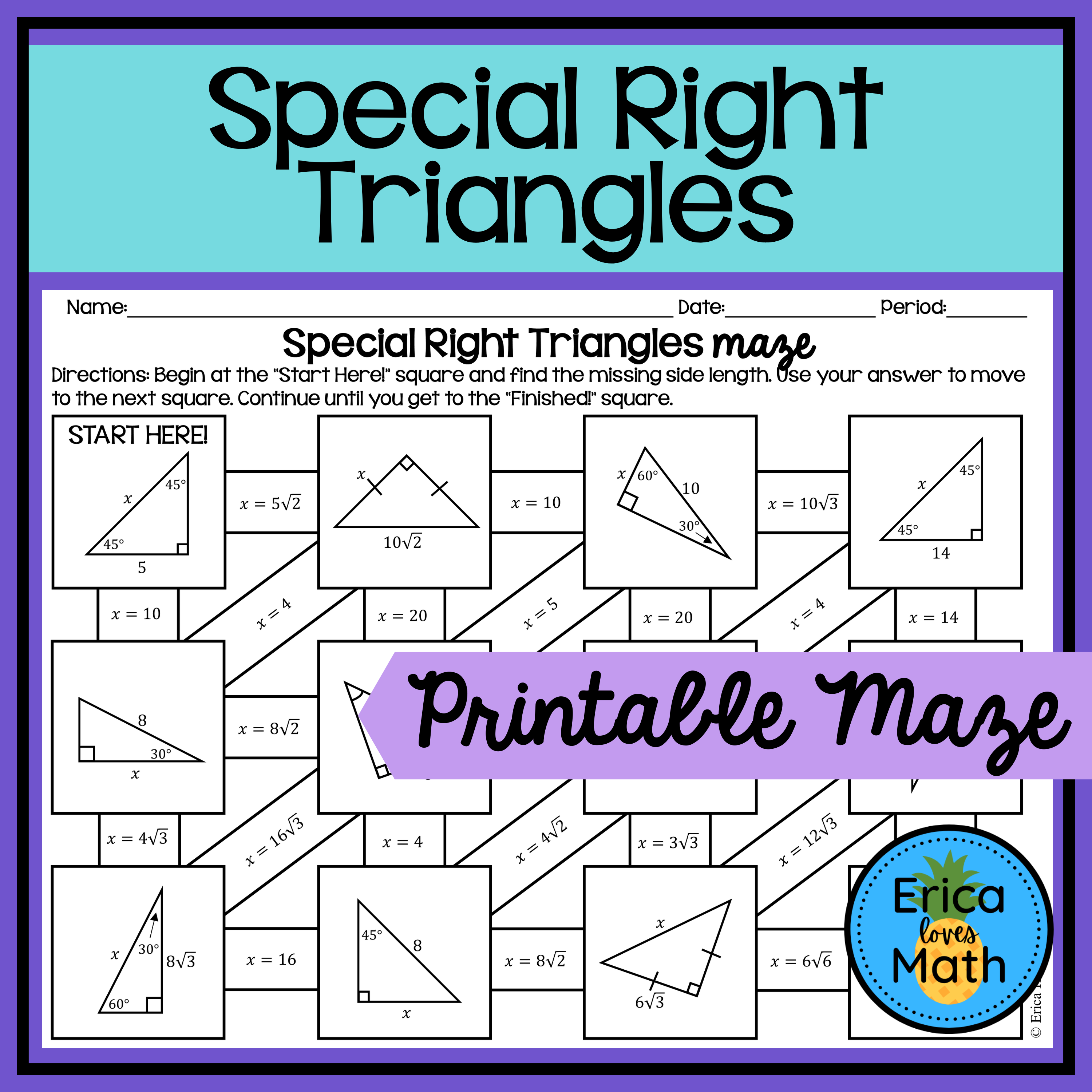 45-45-90 and 30-60-90 Special Right Triangles Activity Maze ...